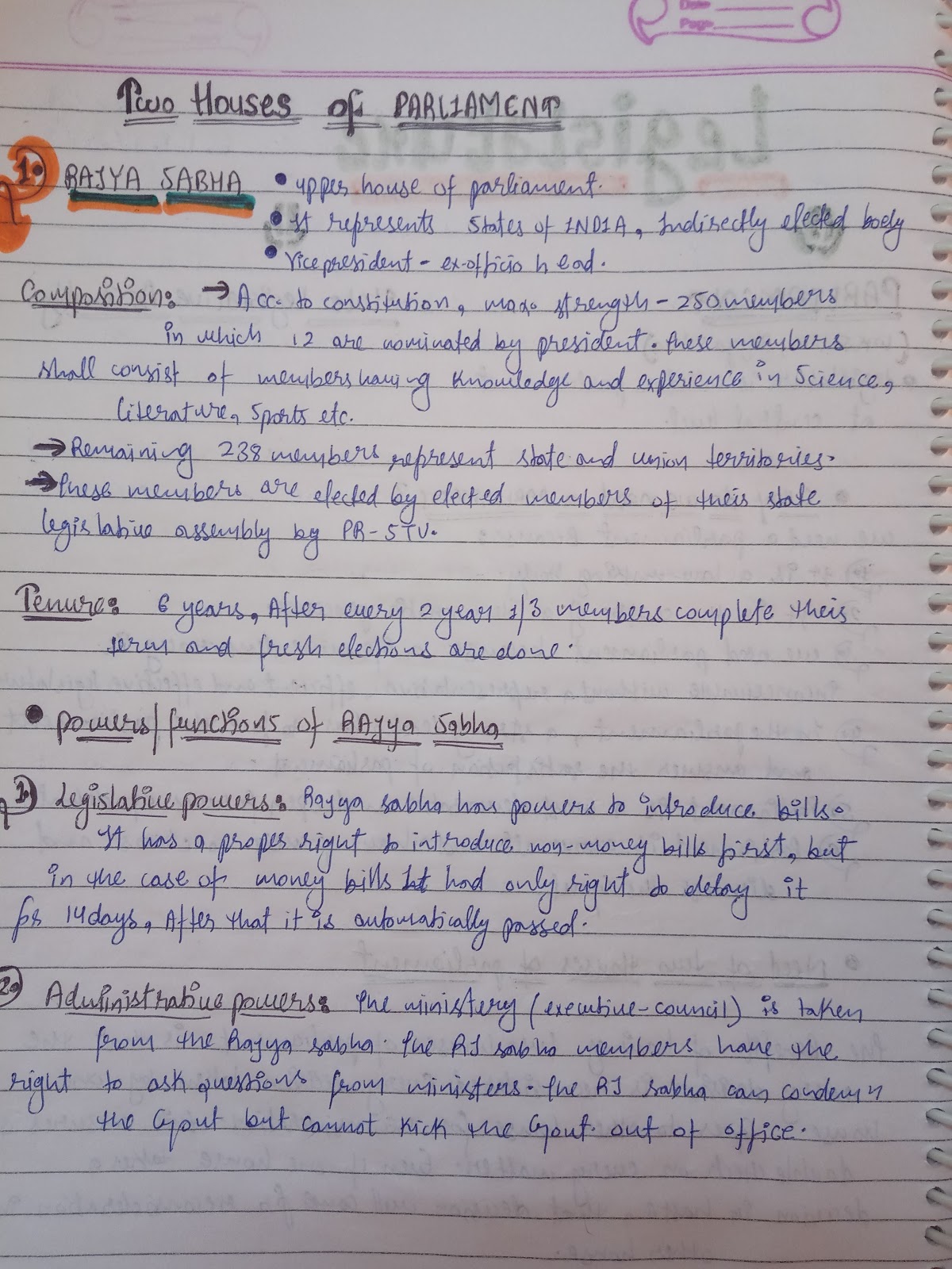 Handwritten Notes of LEGISLATURE - Political Science - Class 11th ...