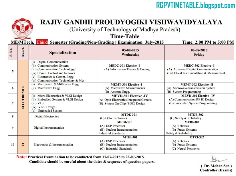 RGPV M.Tech/ME 3rd Sem Exam Time Table | RGPV Examination Time Table