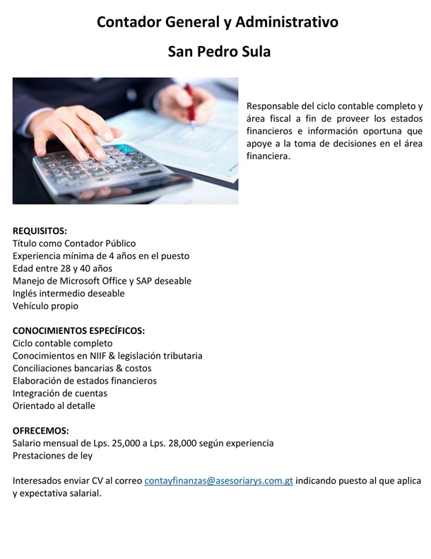 Contador General y Administrativo - San Pedro Sula
