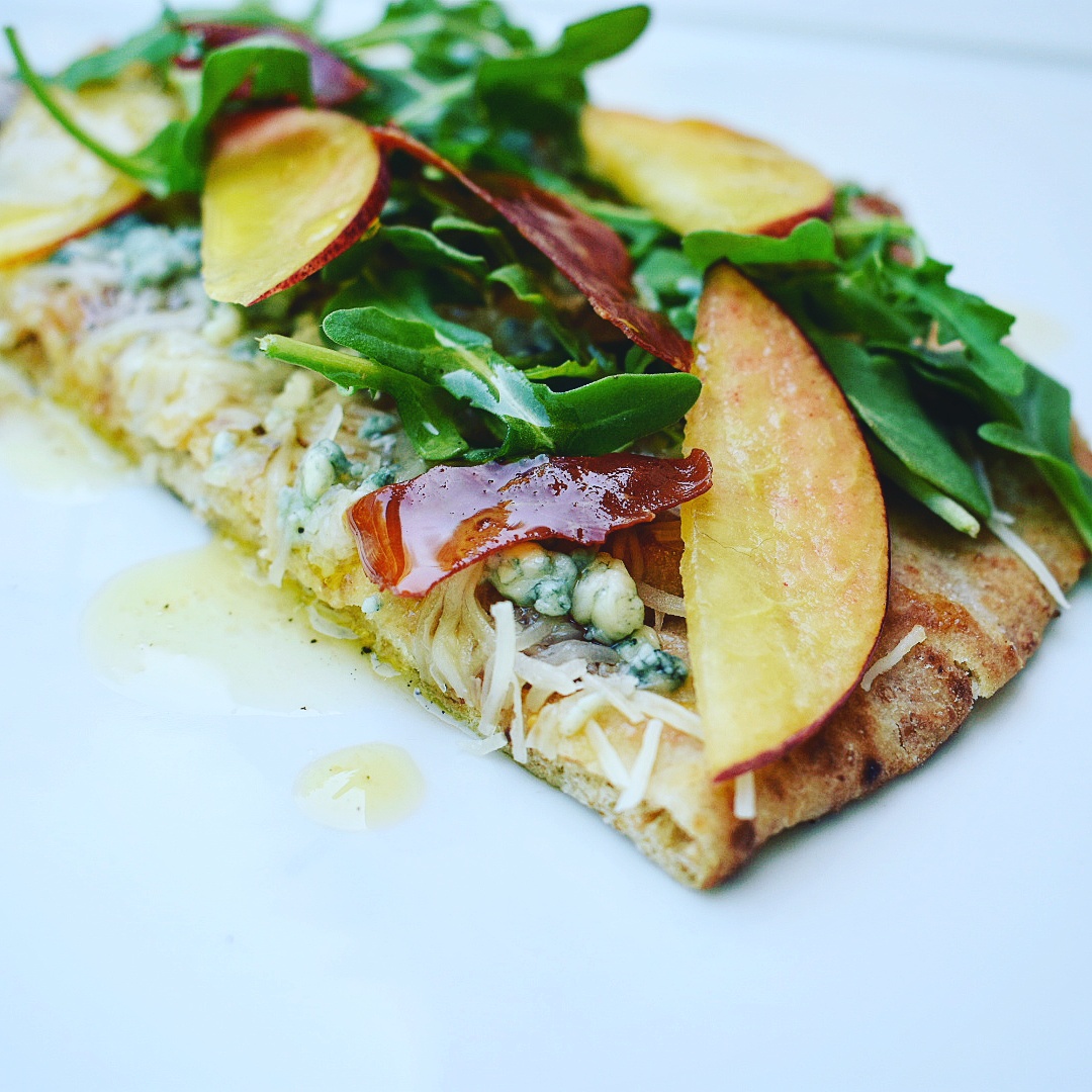 Flatbread Pizza with Blue Cheese, Fig Jam, Peaches and Crispy ...