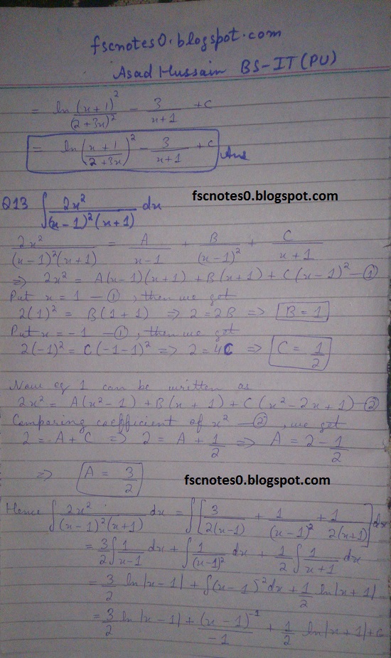 Fsc Ics Notes Math Part 2 Chapter 3 Integration Exercise 3 5 Question 12 22