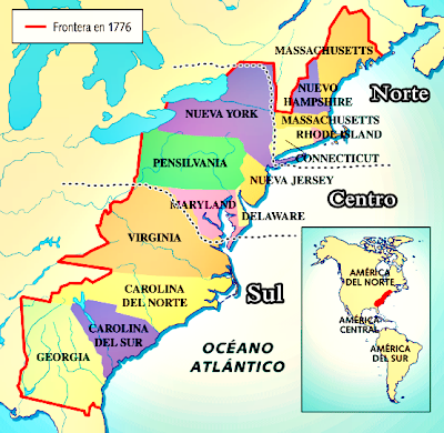 Com Texto Histórico: As 13 Colônias: Norte, Centro e Sul