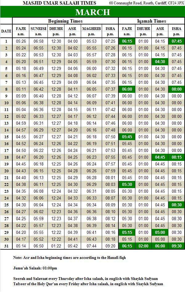 Masjid Umar: March Salaah Timetable