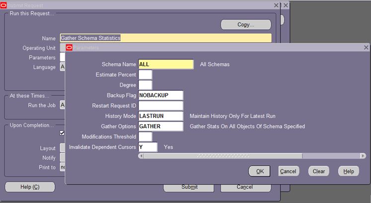 How to run Gather Schema Statistics in R12.2