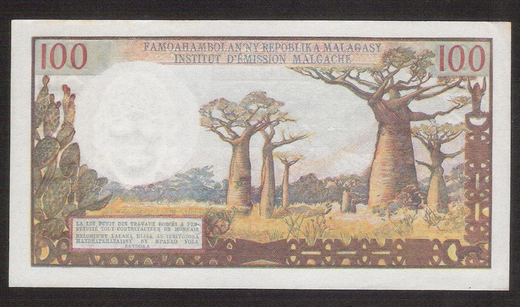 Madagascar banknotes 100 Francs = 20 Ariary banknote 1966 Baobabs|World ...