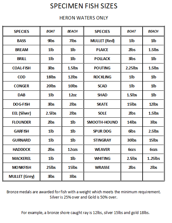 Heron Angling Society: Specimen fish sizes