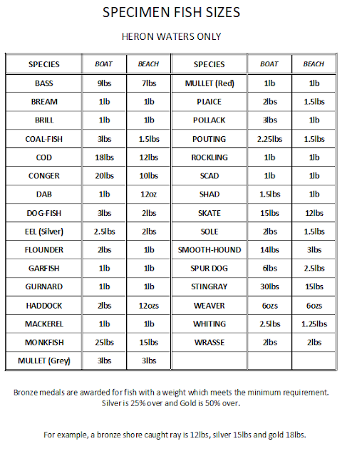 Heron Angling Society: Specimen fish sizes