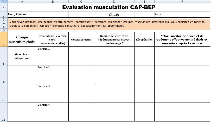EXCEL ET L'EPS: CP5: Fiche Évaluation musculation, CAP et BEP, voie ...