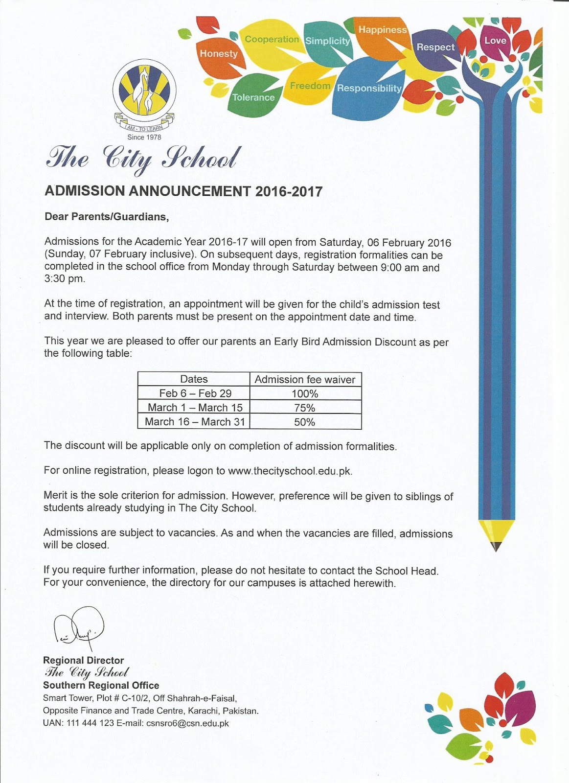 School Notifications: Admission Announcement 2016-17