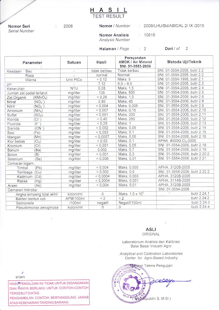 OASIS WATERS INTERNATIONAL (Air Minum Dalam Kemasan): HASIL LAB 2015