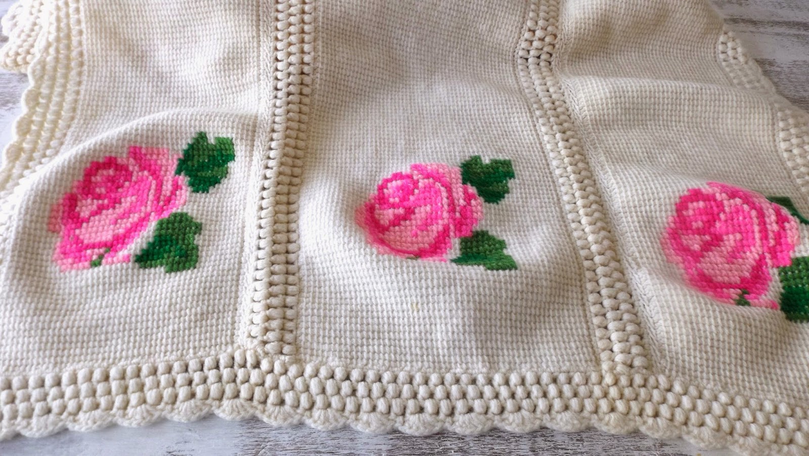 Still Stunning Vintage Resale: Crochet Afghan with Embroidered Roses ...