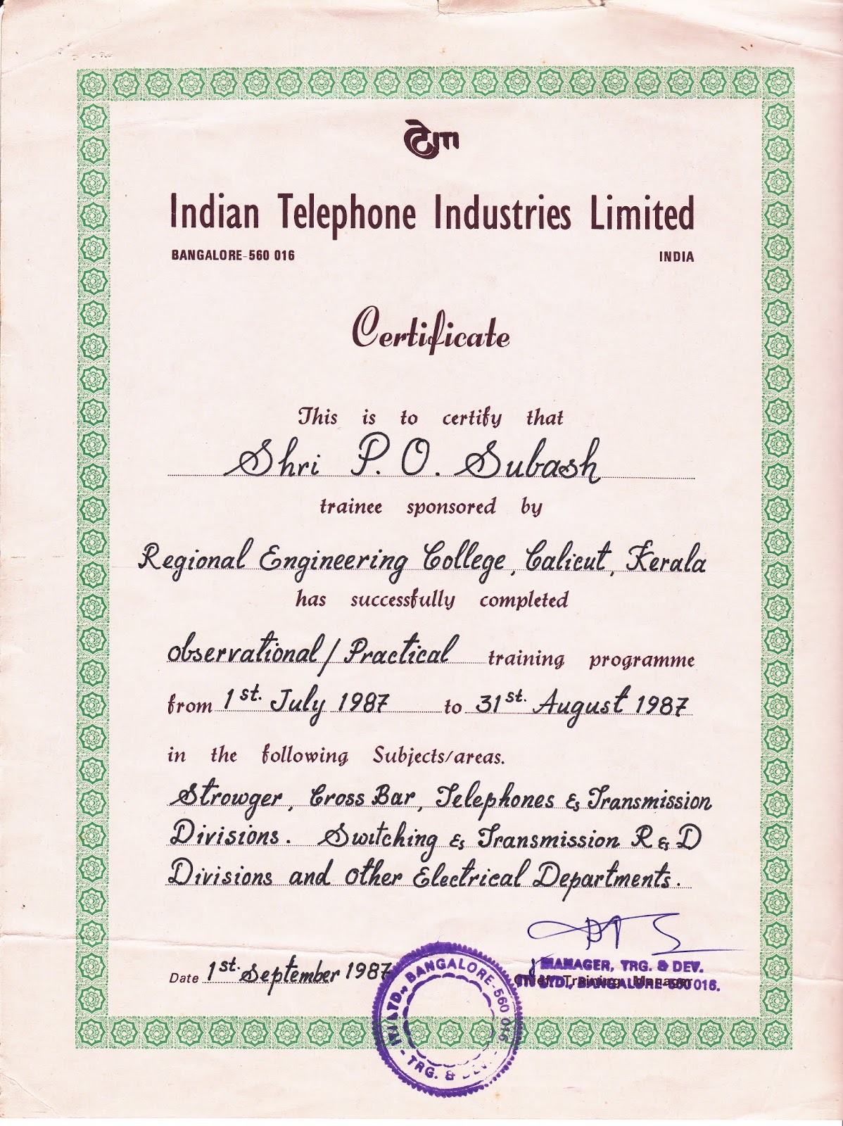 BANGALORECITY: CERTIFICATE ITI