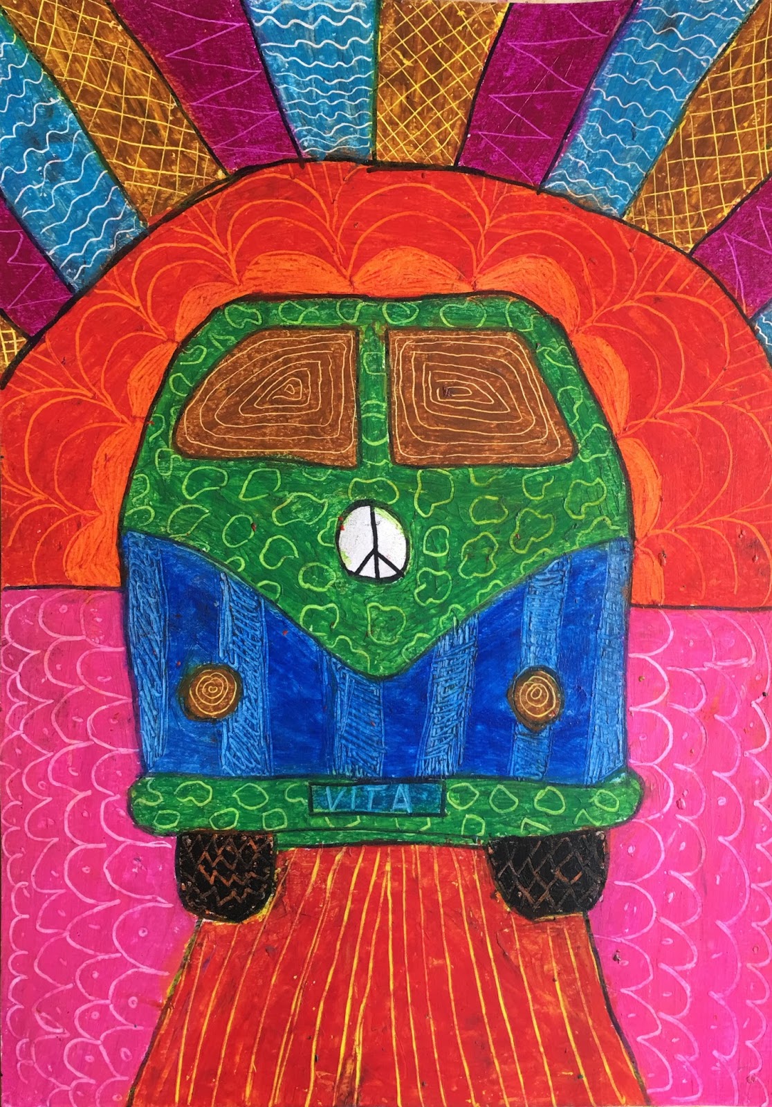 Art Room Britt: Sgraffito Hippie Bus in Oil Pastel