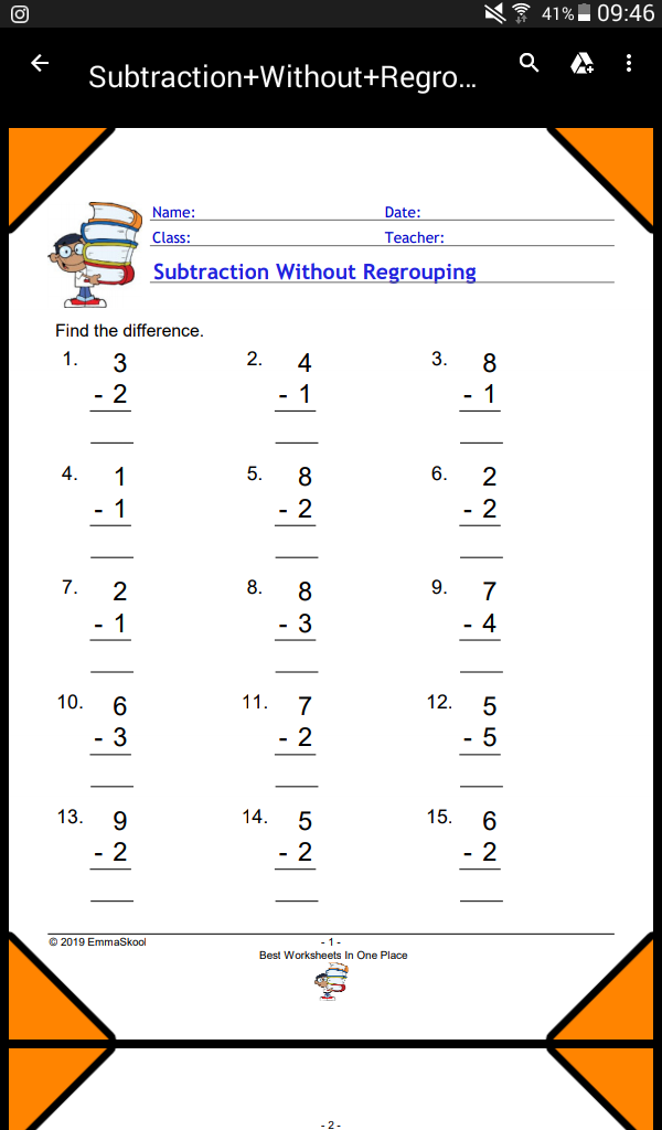 subtraction worksheets without regrouping / with solution