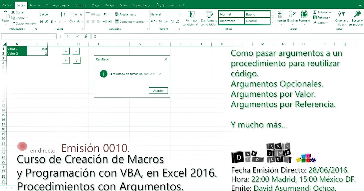Curso De Macros Y Programación Vba En Excel 2016 Procedimientos Con Argumentos Argumentos Por