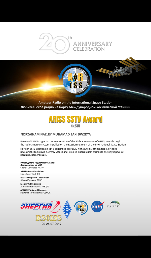 9W2DYA STESEN RADIO AMATUR: ARISS SSTV Award no. 235