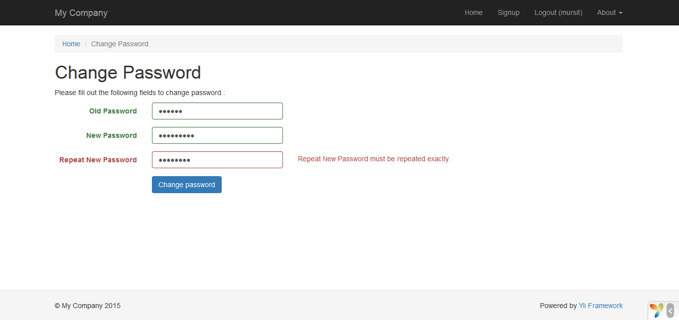 Change password with validation and repeat password on Yii2 ~ mumunotes