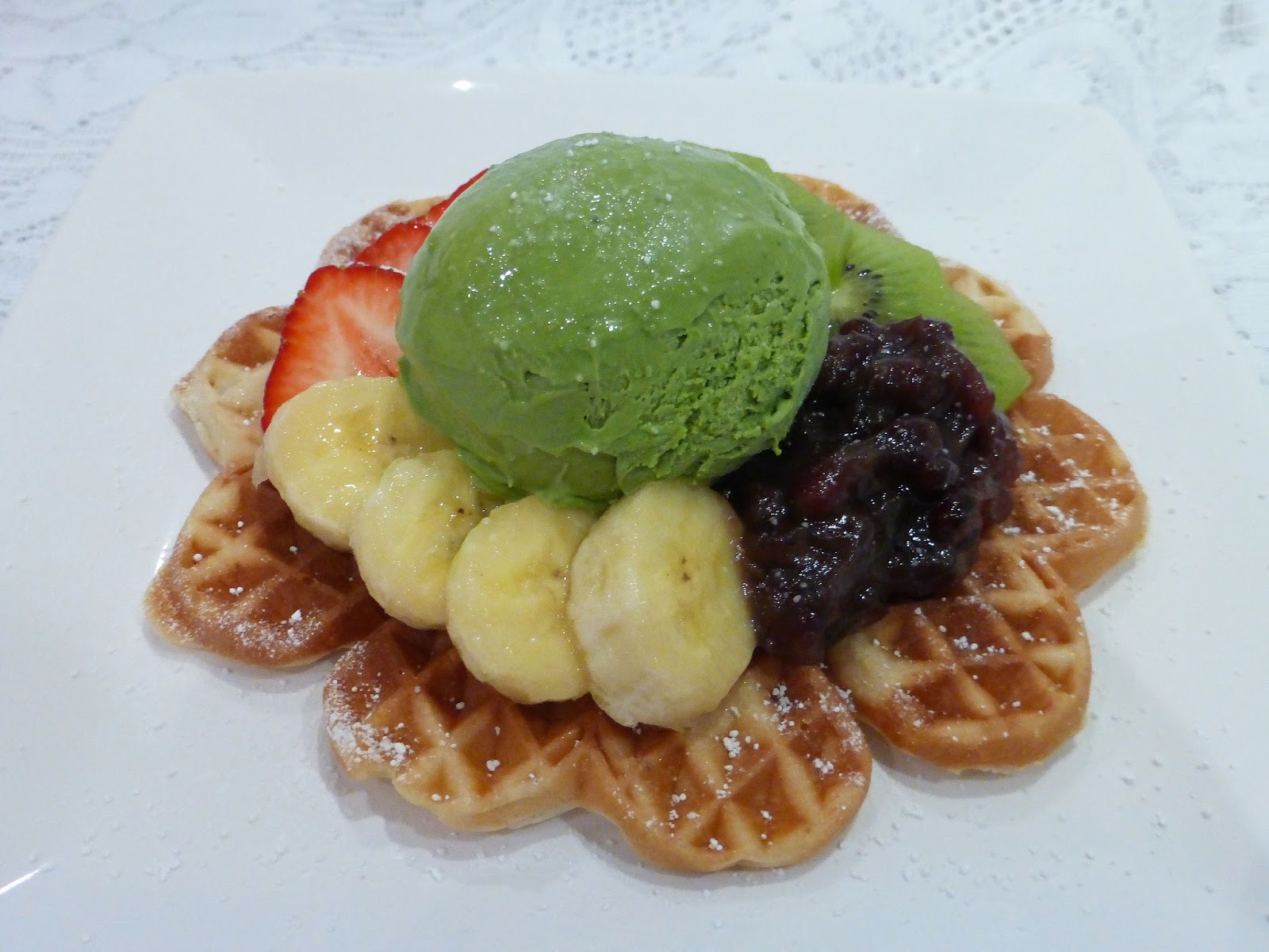Waffles with Matcha Ice Cream, Red Bean and Fruit (No-Churn Ice Cream ...