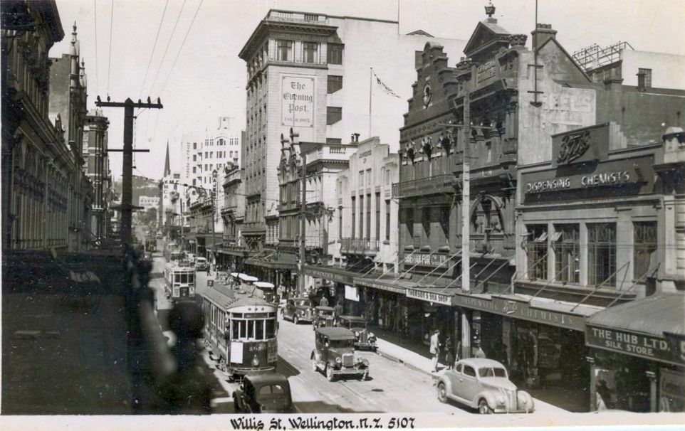transpress nz: Willis Street trams, Wellington, 1940s