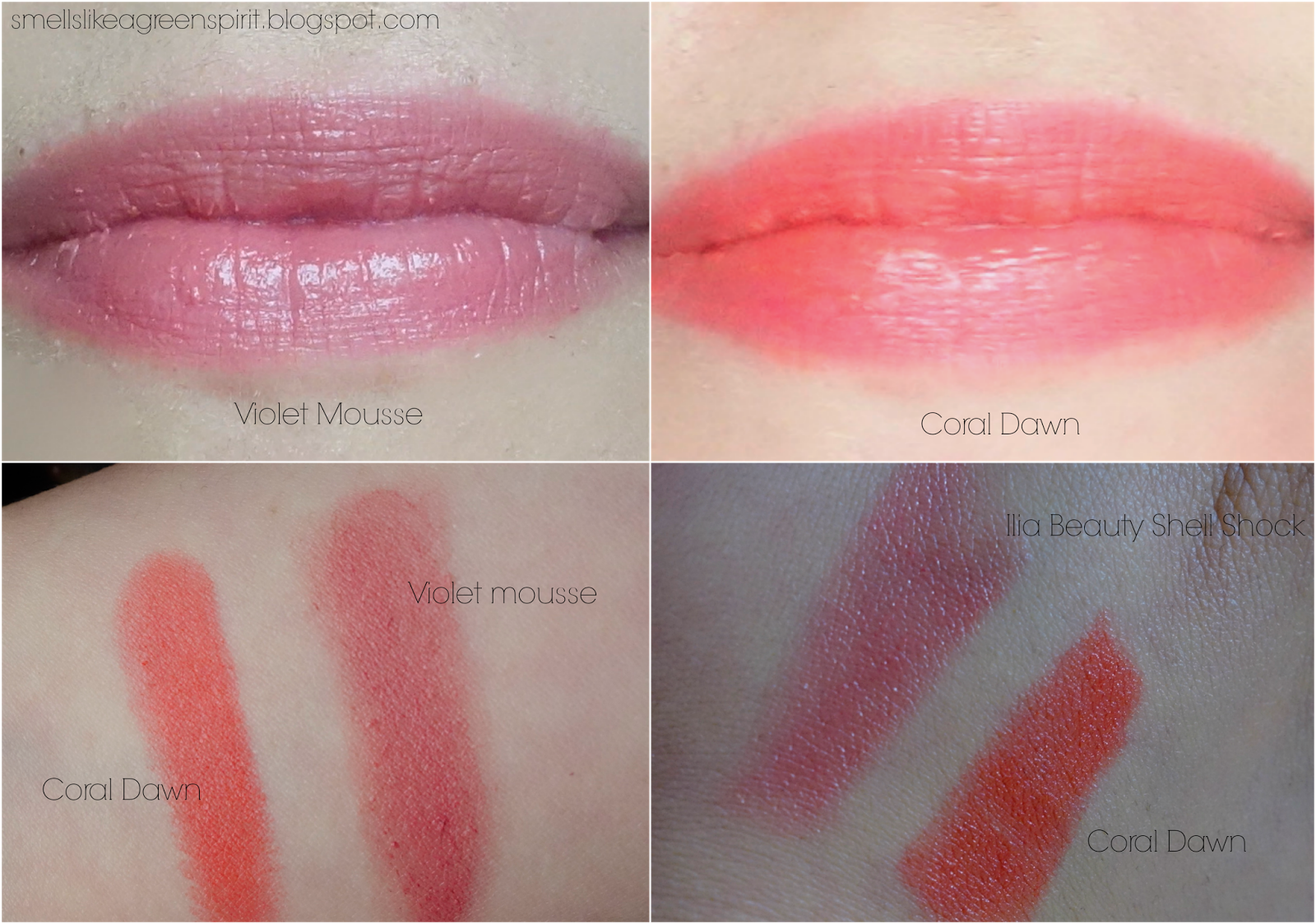A lipstick a day…Karen Murrell Violet Mousse & Coral Dawn review + swatches