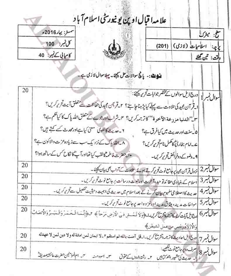AIOU Islamiat Compulsory 201 Old paper matric 2016 - All About Aiou