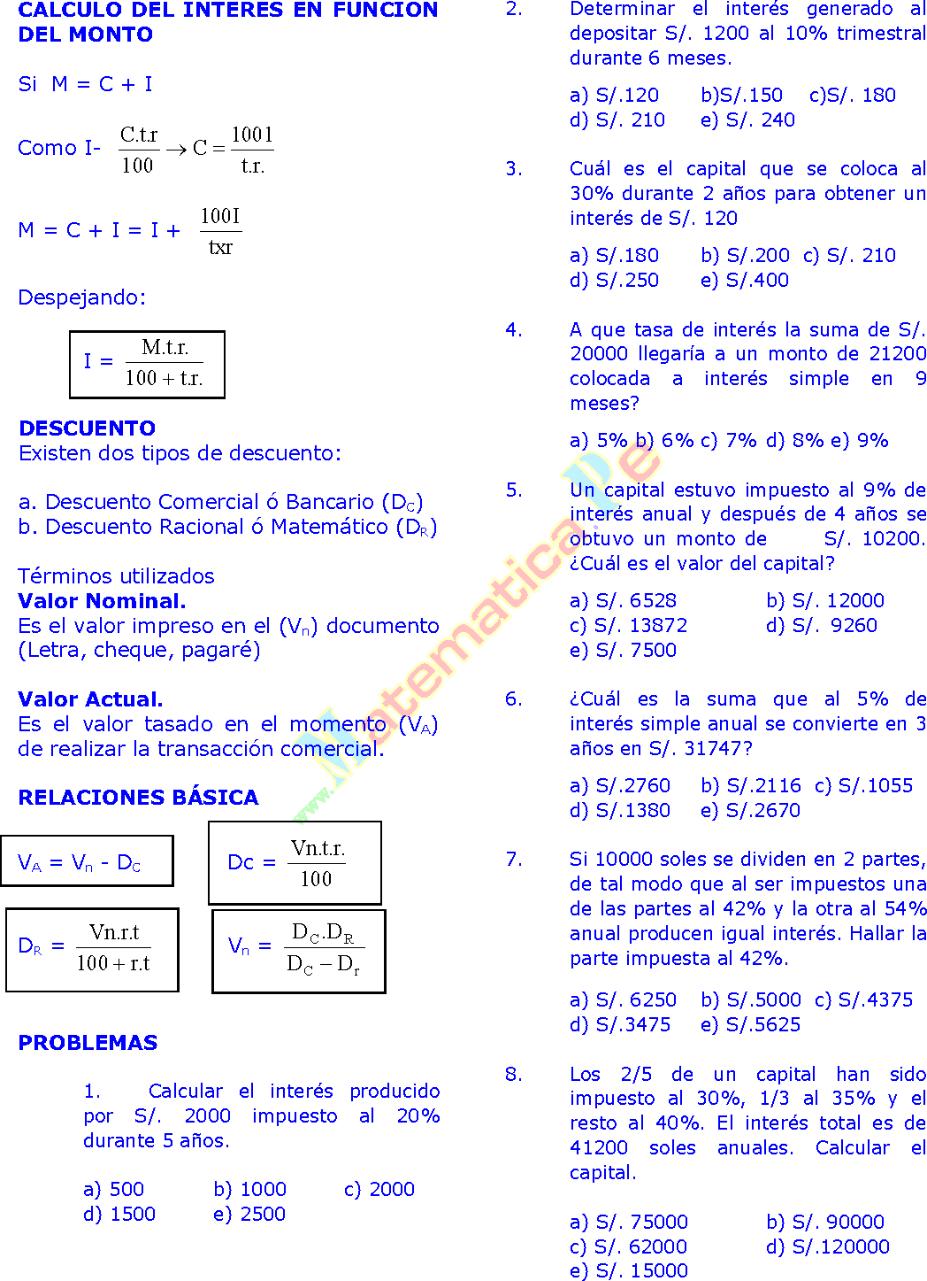 INTERÉS Y DESCUENTO SIMPLE EJERCICIOS RESUELTOS DE ARITMÉTICA ...
