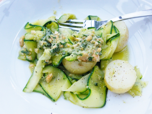 Warm Ribbon Courgette & Potato Salad with Pesto | Tinned Tomatoes