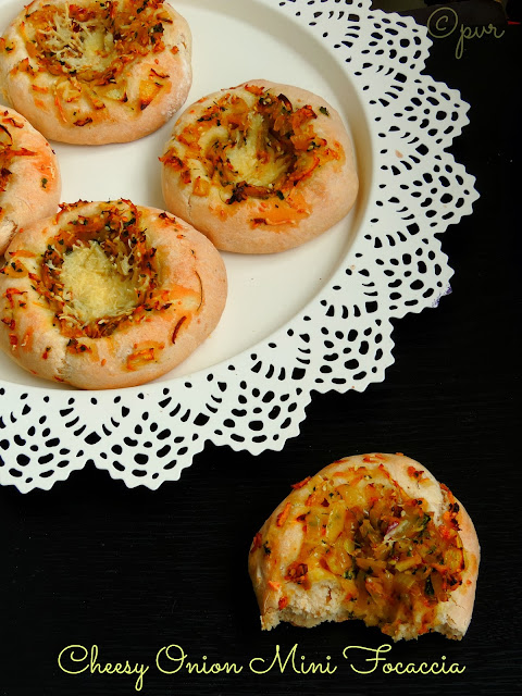 Priya's Versatile Recipes: Cheesy Onion Mini Focaccia~~My 2,500th Post