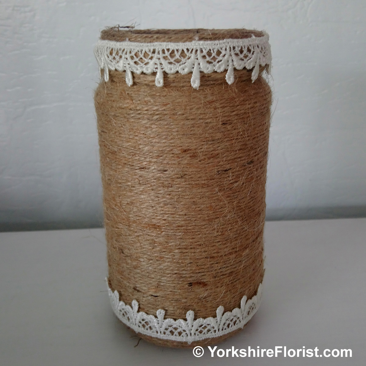 Yorkshire Florist: Handmade Rustic Jar Vase - Jute with Lace Trim