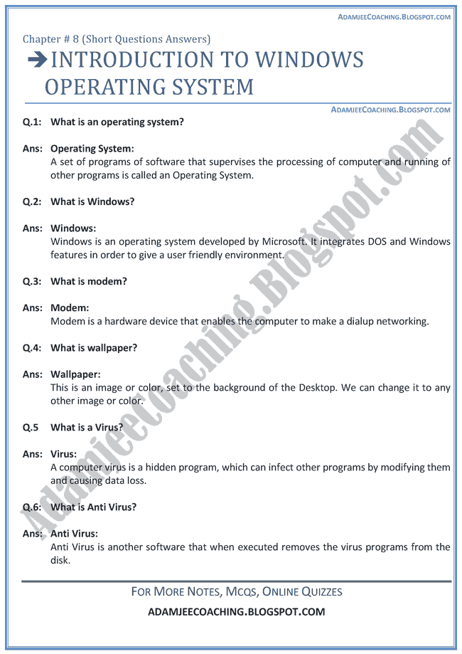 Adamjee Coaching: Introduction To Windows Operating System - Short Question Answers - Computer IX