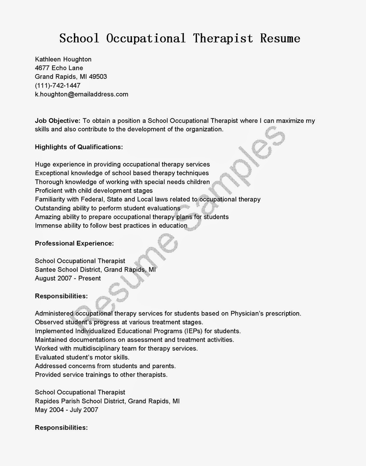 Resume Samples: School Occupational Therapist Resume