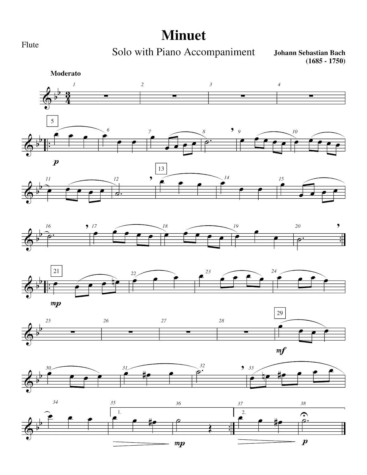 Partitura de Minuet de Bach para Flauta