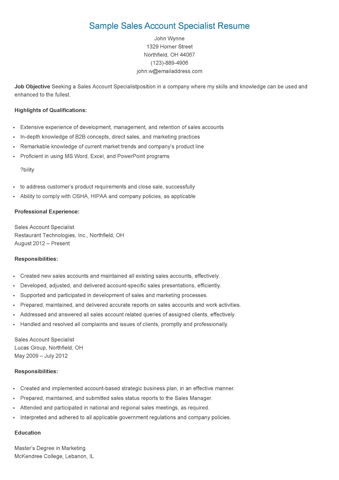 Resume Samples: Sample Sales Account Specialist Resume