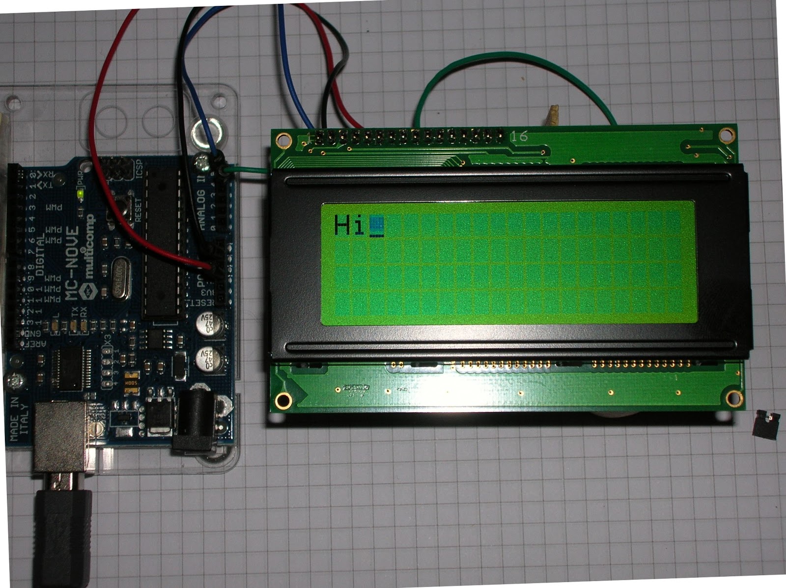 Arduino drives 4-row I2C LCD from Robot Electronics