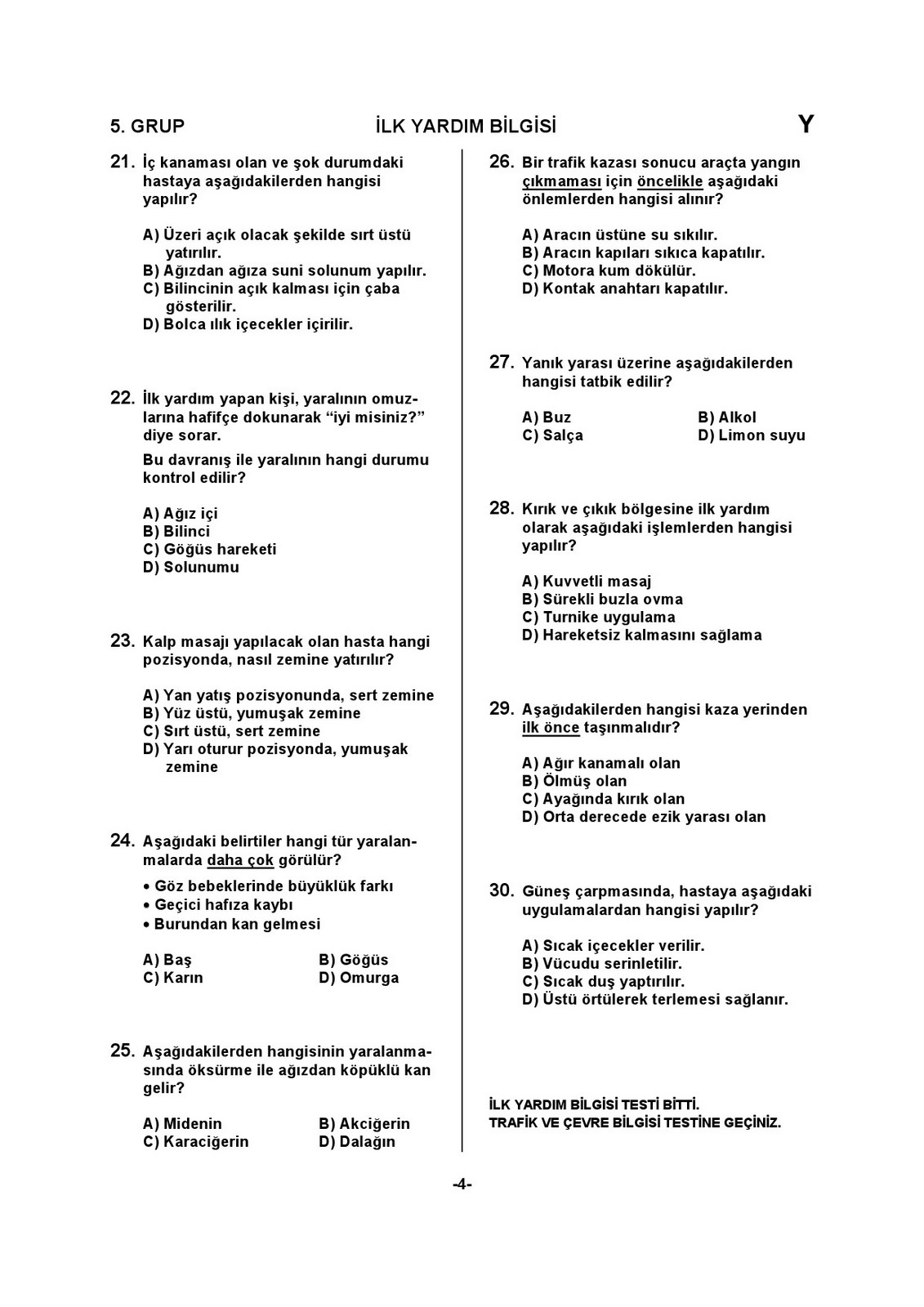 Özel Direksiyon Hocası: EHLİYET SINAV SORULARI - 4