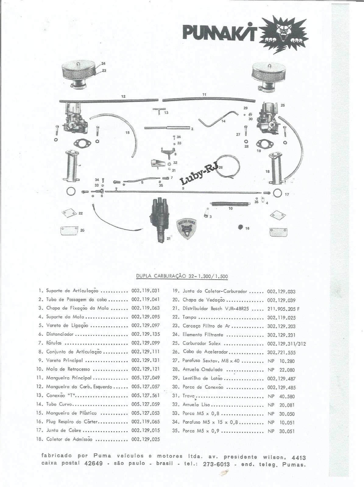 Pumas/Lubisomem 01: PUMA KIT DUPLA CARBURAÇÃO PARA MOTORES 1300 E 1500