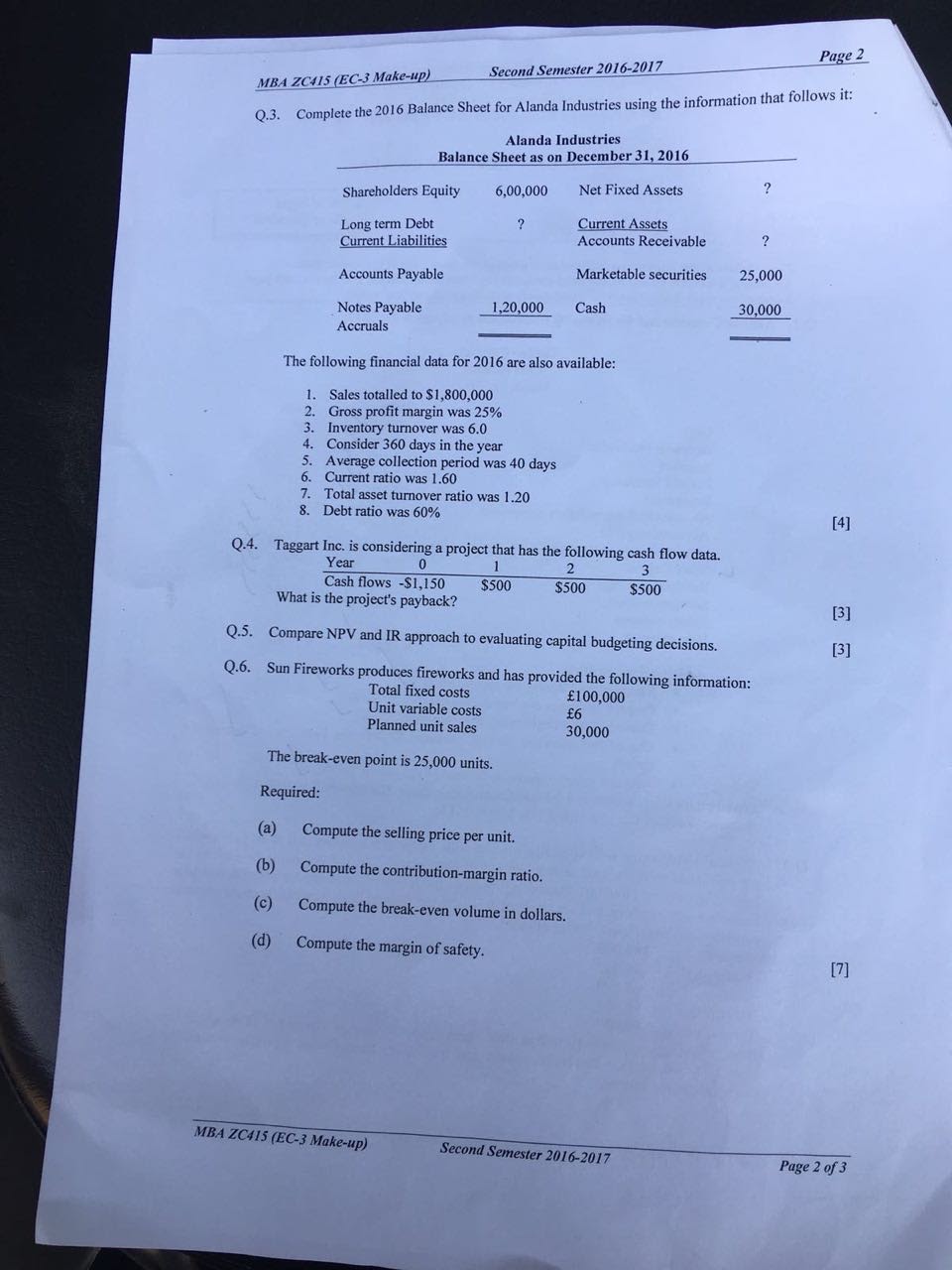 FMA - Comprehensive Makeup - Question Paper