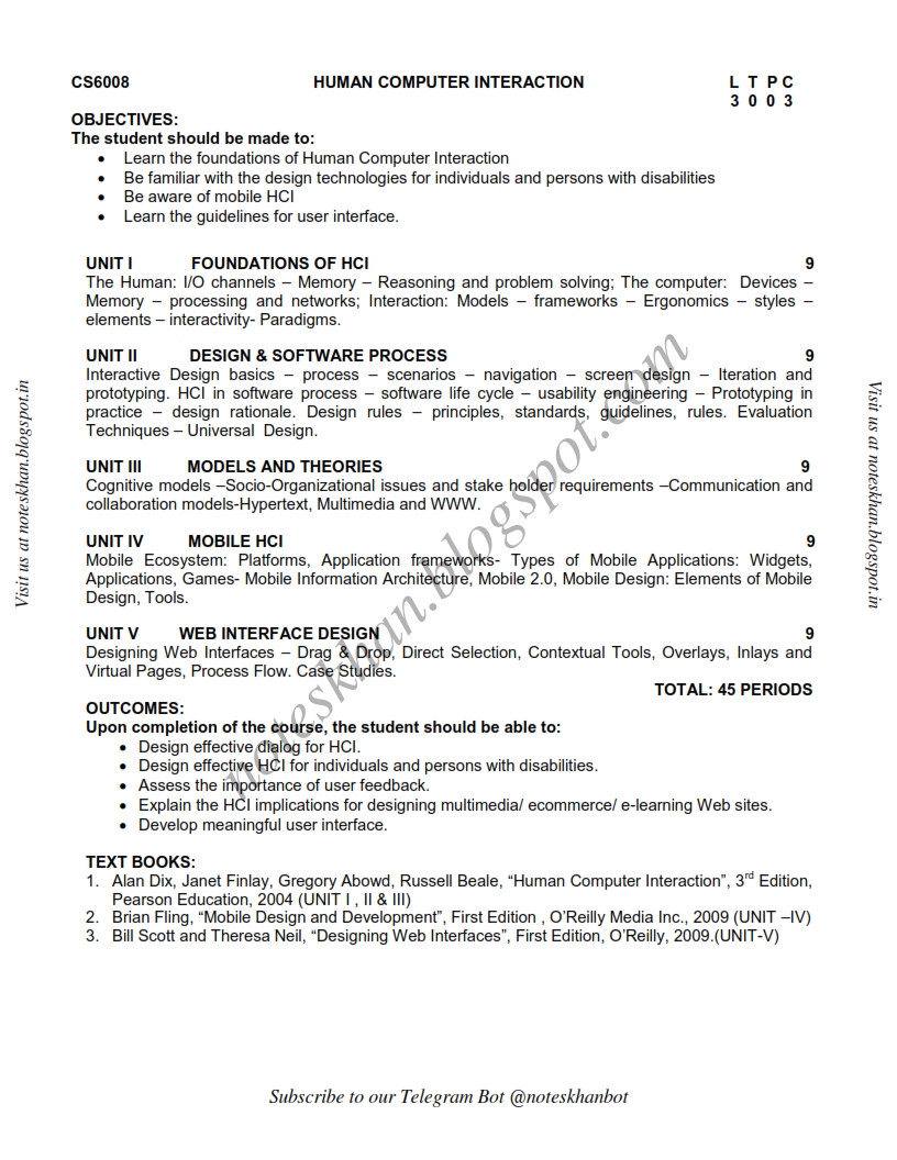 CS6008 Human Computer Interaction Syllabus Semester VIII Elective IT ...