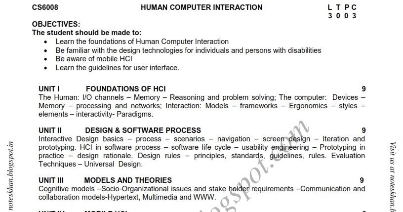 CS6008 Human Computer Interaction Syllabus Semester VIII Elective IT ...