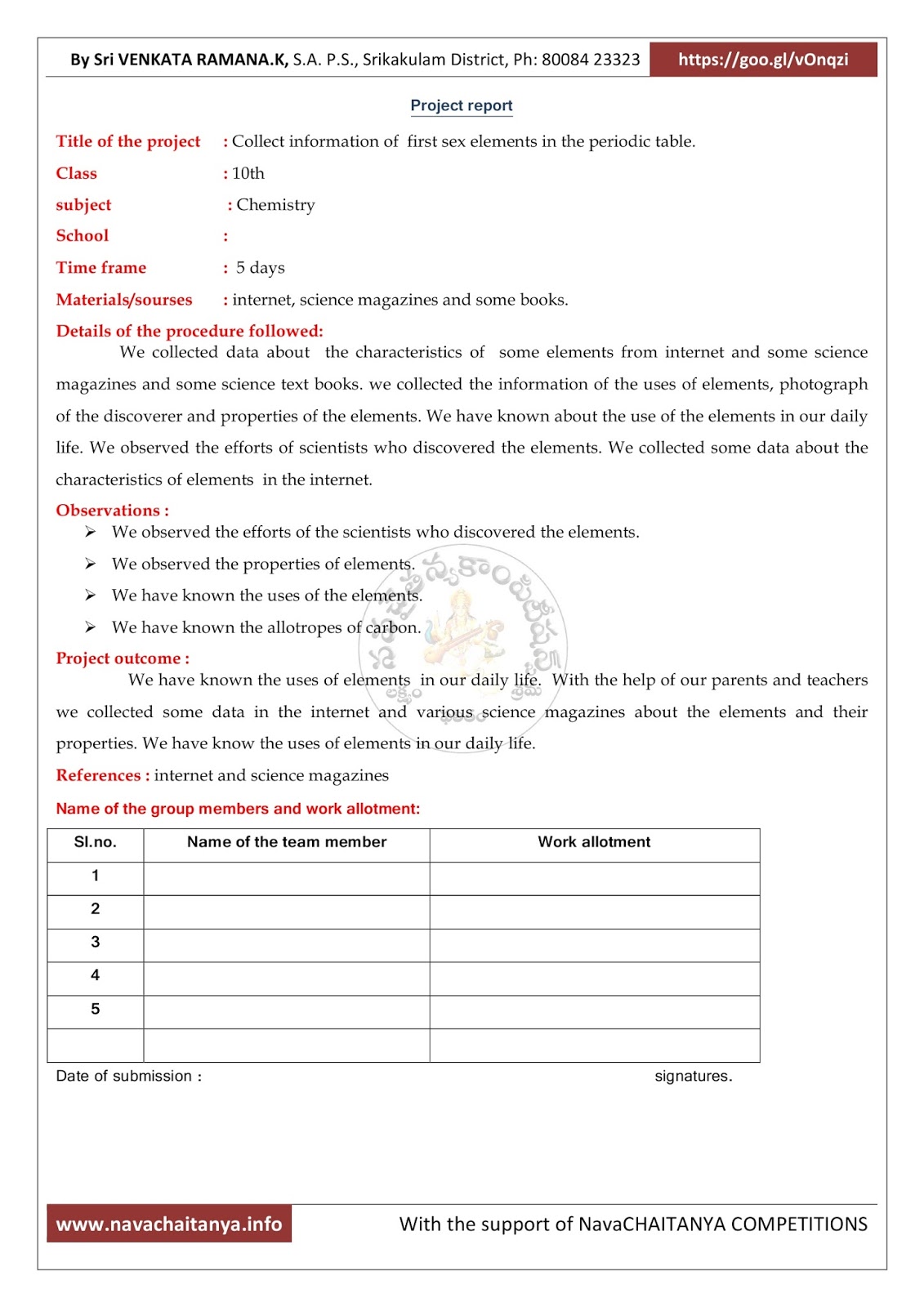 10th Class Physical Science Project Works: Information about First Six ...