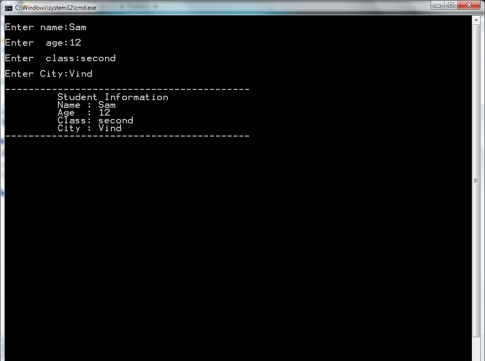 Code Box C: Program to print Student information using array in C.