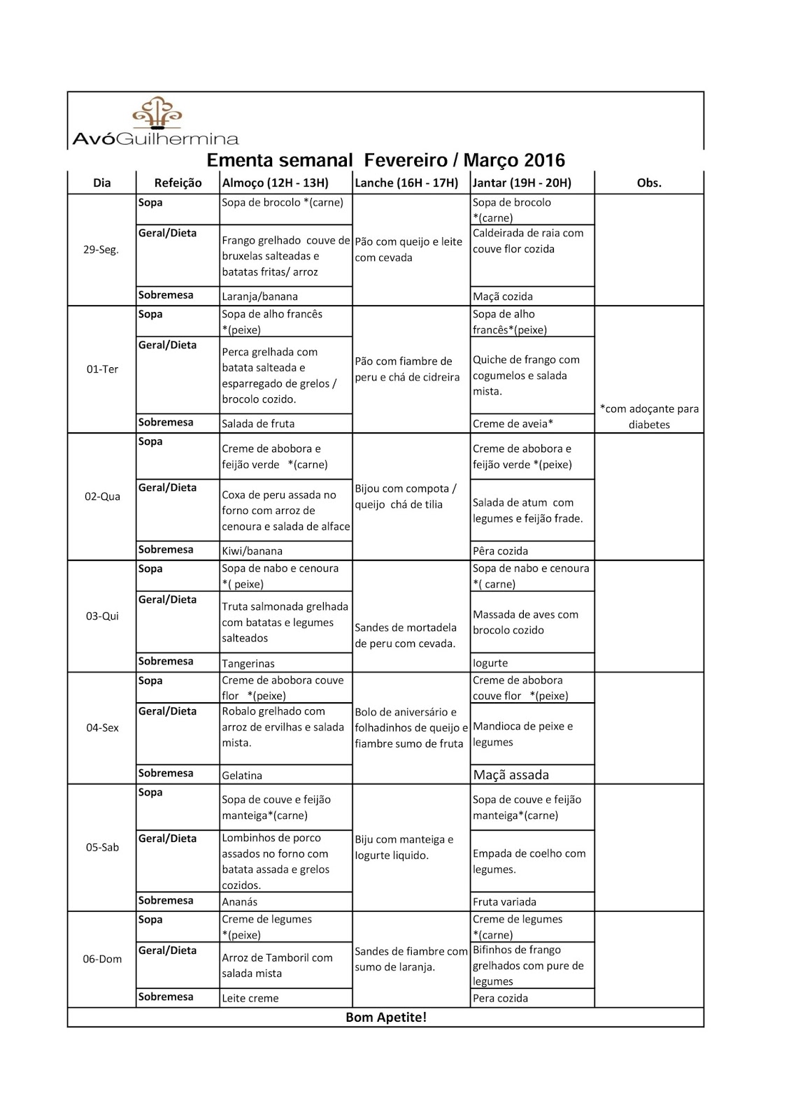 " Lar AvóGuilhermina ": Ementas