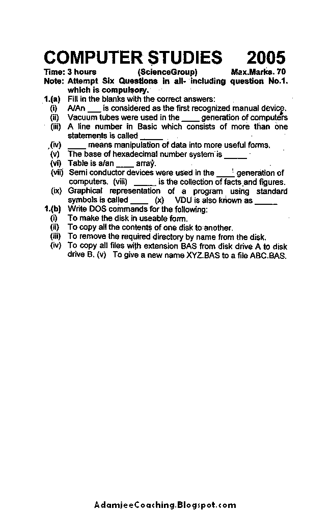 Adamjee Coaching: IX Computer Studies Past Year Paper - 2005