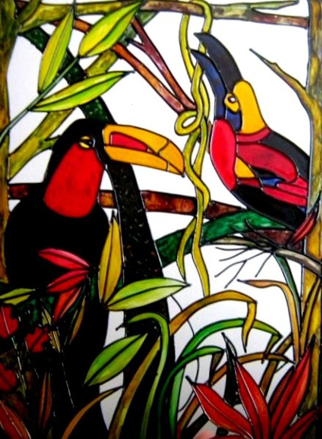 matisses - (artesano): Tucanes - Falso vitral -Pintura sobre vidrio