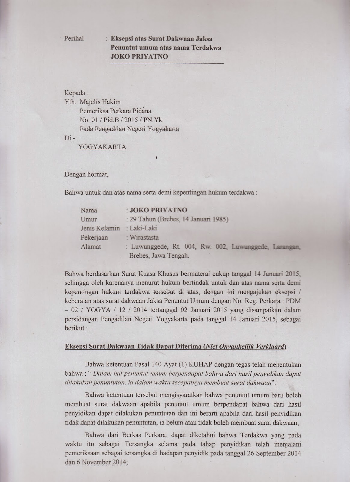 Fidel Angwarmasse, SH., MH.: EKSEPSI ATAU NOTA KEBERATAN