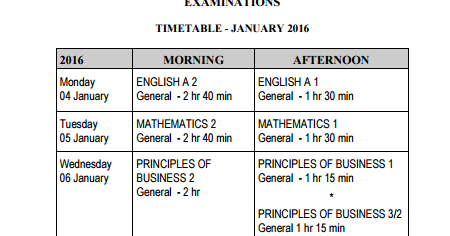 CSEC CXC Exam Past Papers: Timetable - CSEC January 2016