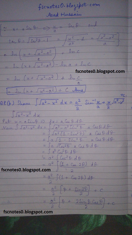 FSc ICS Notes Math Part 2 Chapter 3 Integration Exercise 3.3 Complete