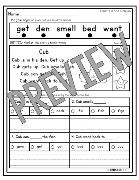 Emily Jane Creates: READING COMPREHENSION PASSAGES-CVC WORD FAMILY WORDS