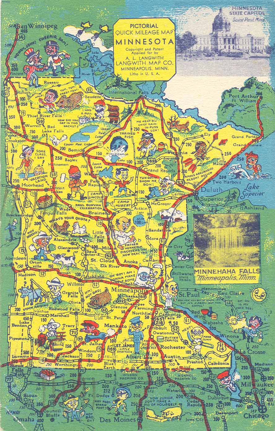 POSTCARDY: the postcard explorer: Pictorial Quick Mileage Map - Minnesota