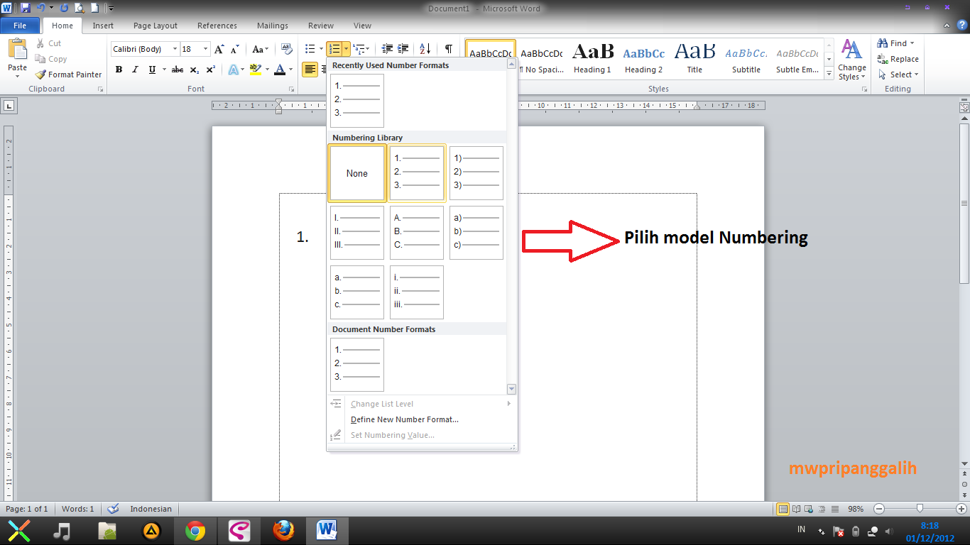 Penggunaan Numbering pada Microsoft Word - mwpripanggalih